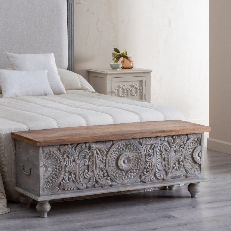 Kinnia Design - Baúl gris-natural madera de mango 120 x 41 x 45,50 cm ...